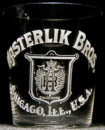 pre-Pro Shot Glass: "Hasterlik Bros [shield] Chicago IL [font var]"
